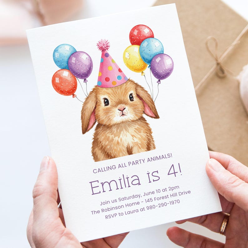 Bunny Birthday Canva Invite Template, Party Animal Invitation ...