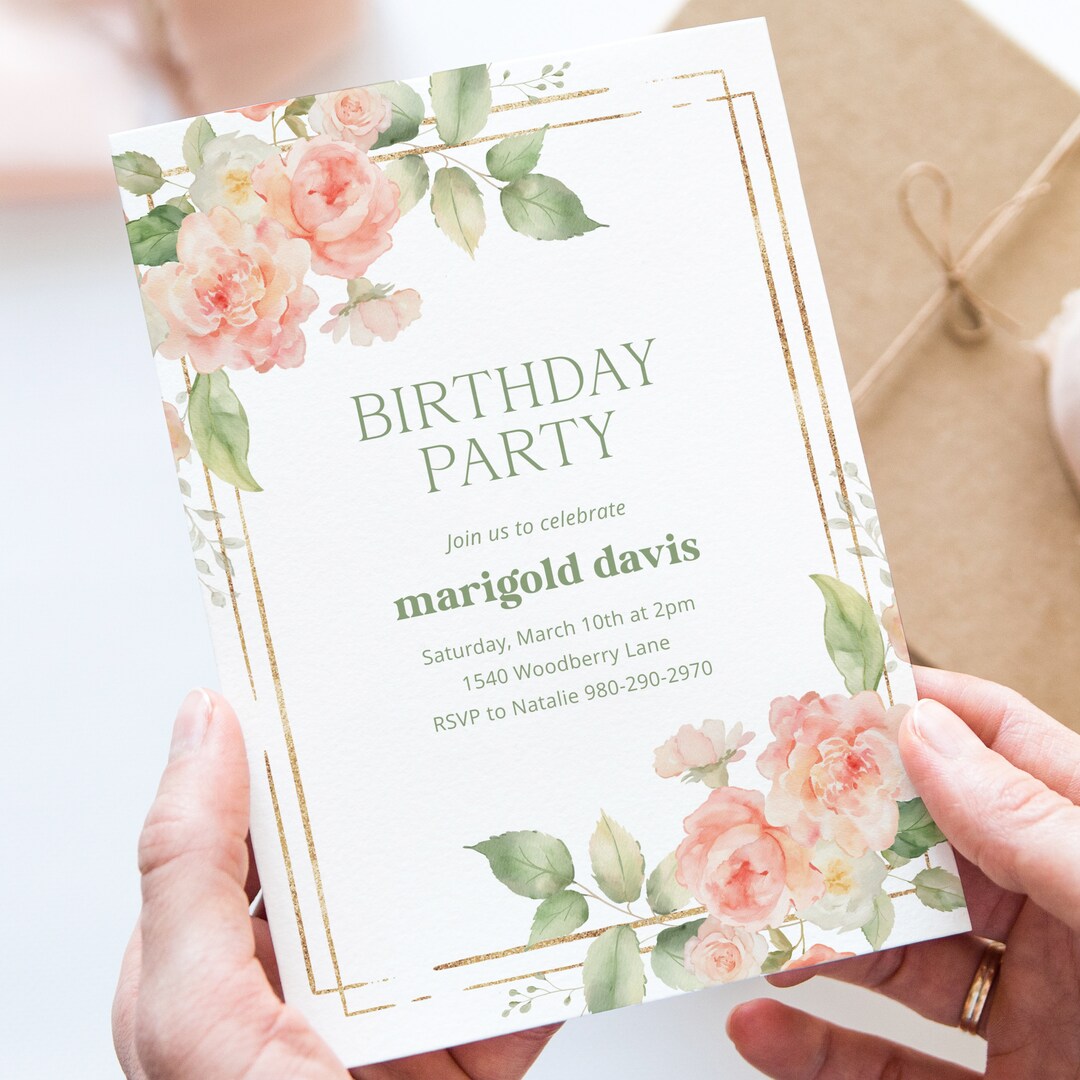 Light Pink Floral Birthday Invitation Template, Printable Birthday ...