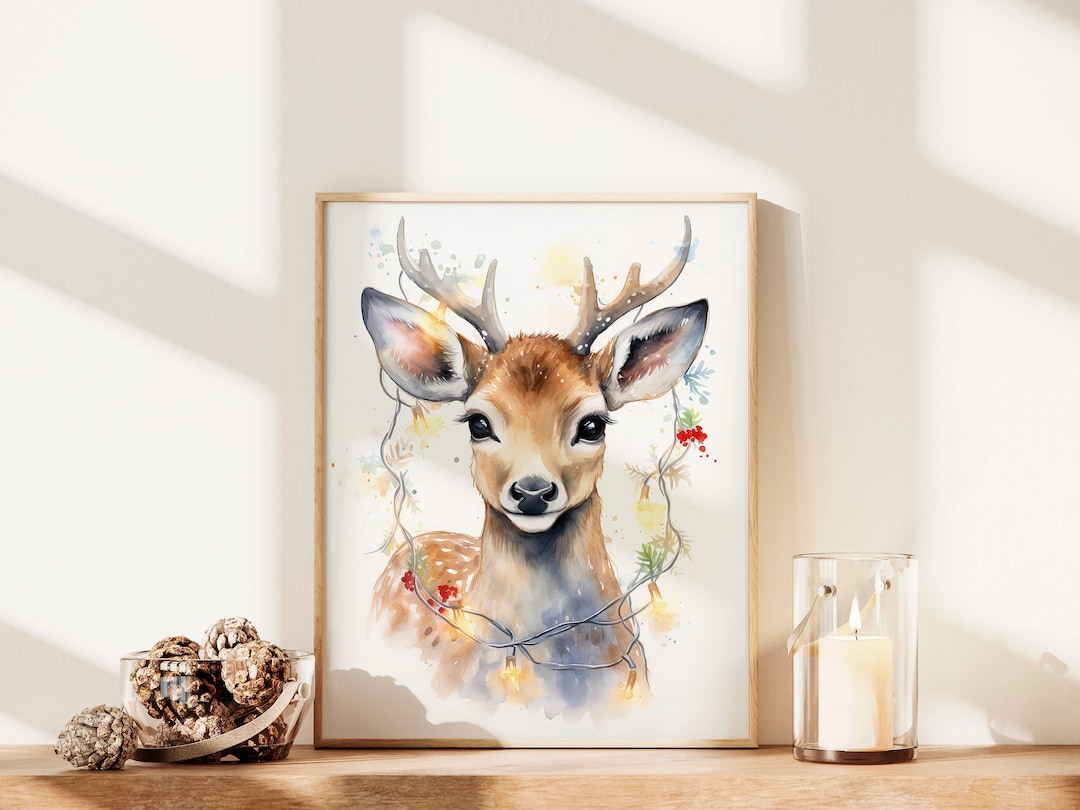 Watercolor Christmas Reindeer Printable Wall Art, Watercolor Deer With ...