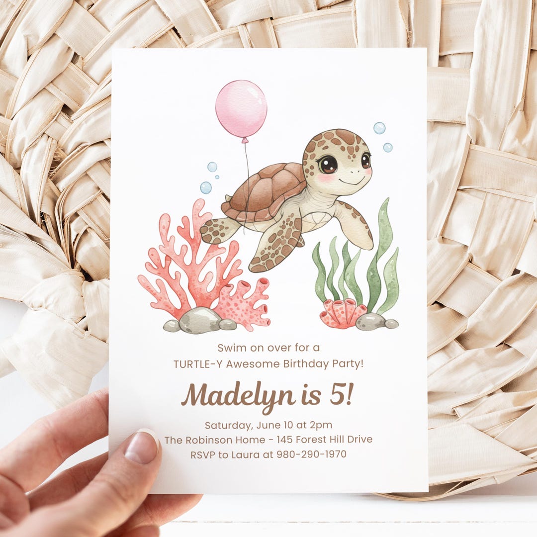 Turtle Birthday Canva Invite Template, Under the Sea Party, Watercolor ...