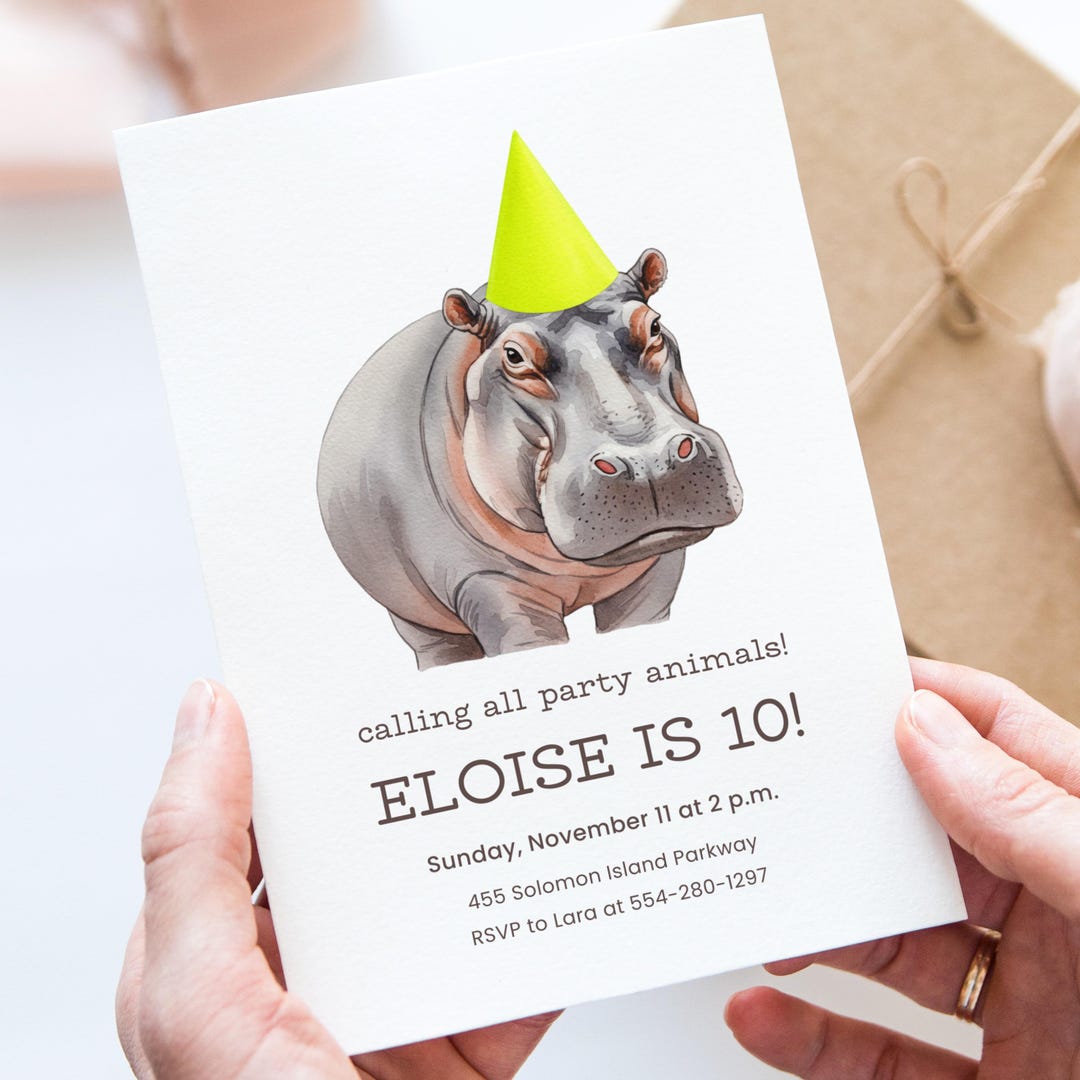 Hippo Birthday Canva Invite Template, Party Animal Printable, Editable ...