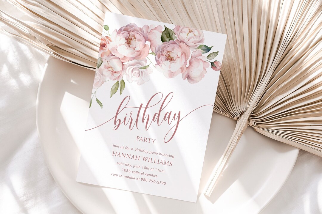 Dusty Pink Floral Birthday Party Invitation Template Printable Editable ...