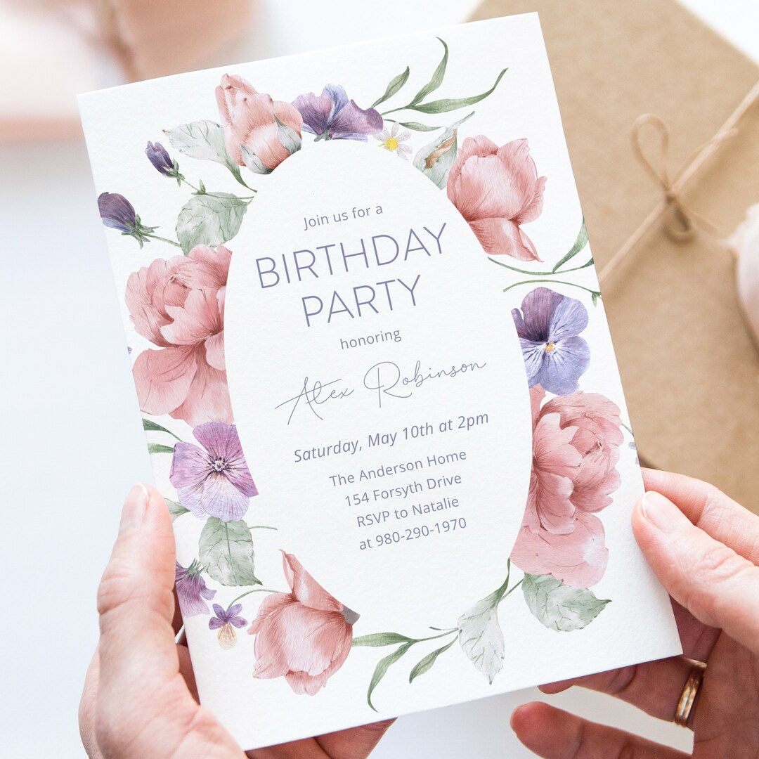 Purple Floral Birthday Invitation Template, Printable Birthday Invite ...