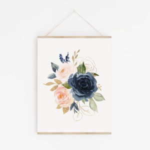 Floral Bouquet Poster Nursery Print Navy Blue and Blush Pink - Etsy