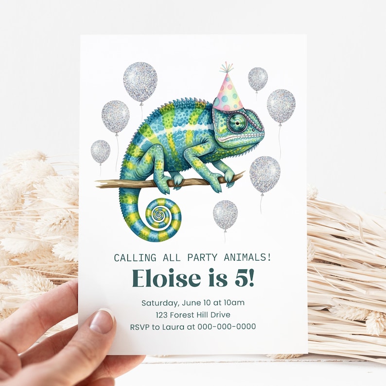 Chameleon Birthday Canva Invite Template, Party Animal Invitation ...