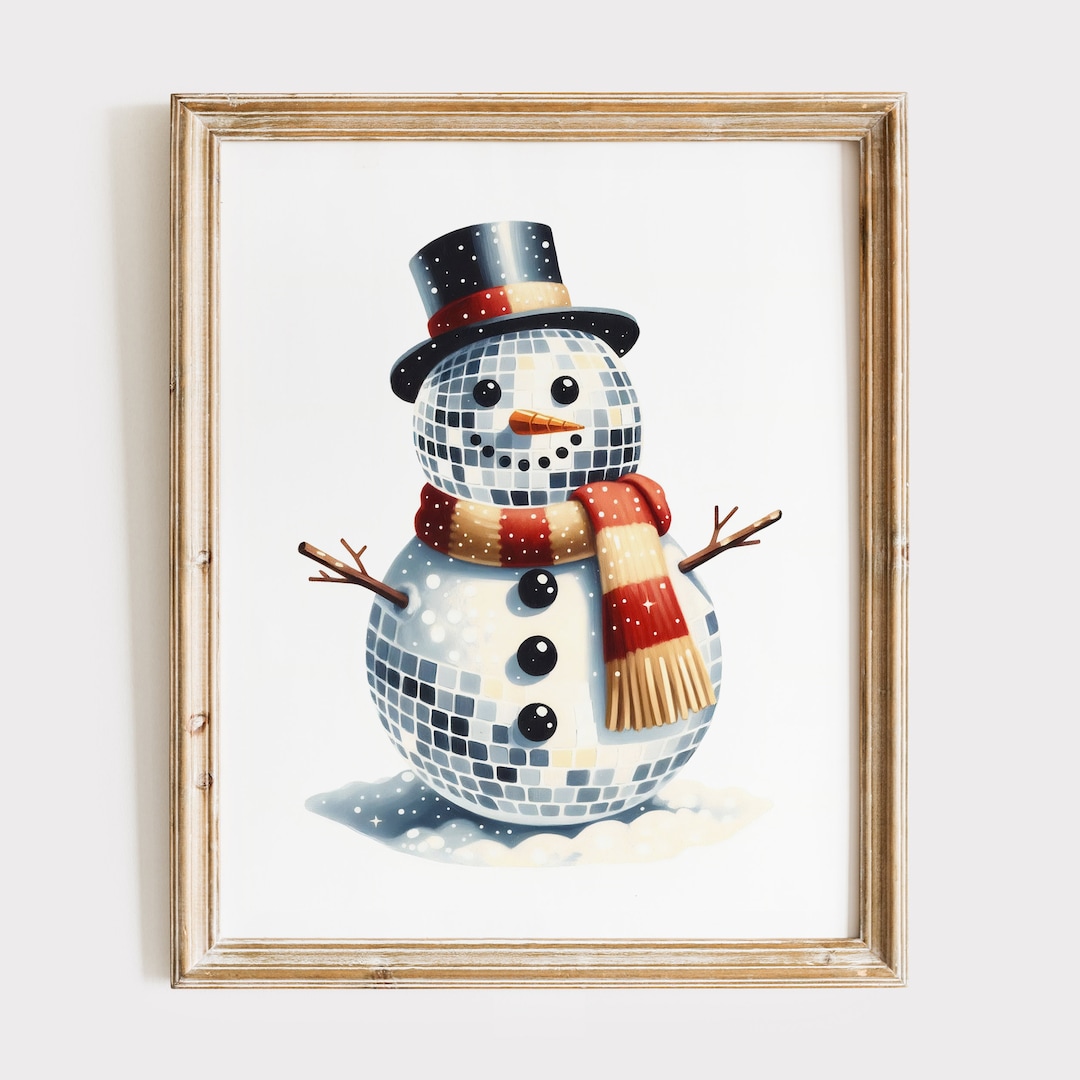 Disco Ball Snowman Christmas Printable Art Print, Mirror Ball Snowman Print, Retro 70s Christmas ...