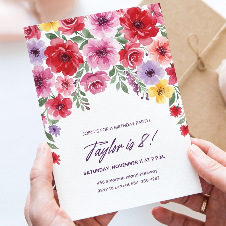 Floral Birthday Canva Invite Template, Watercolor Flowers Party ...