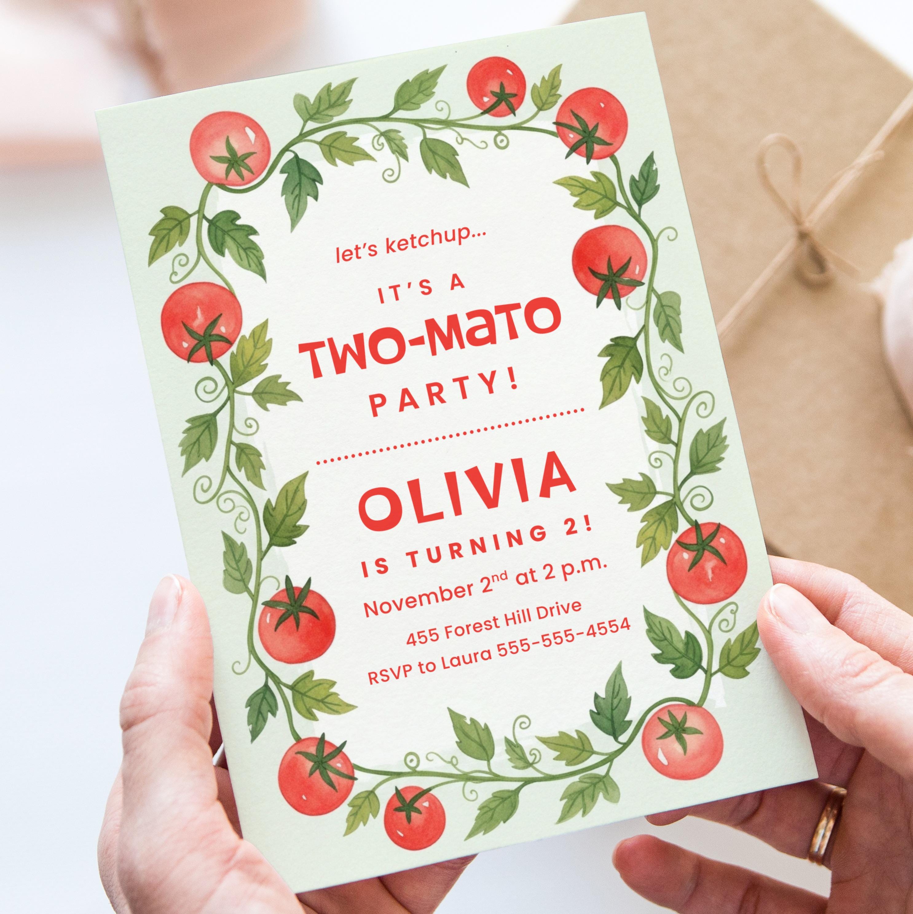 Two-mato Party Invite Canva Template, Tomato 2nd Birthday Invitation ...