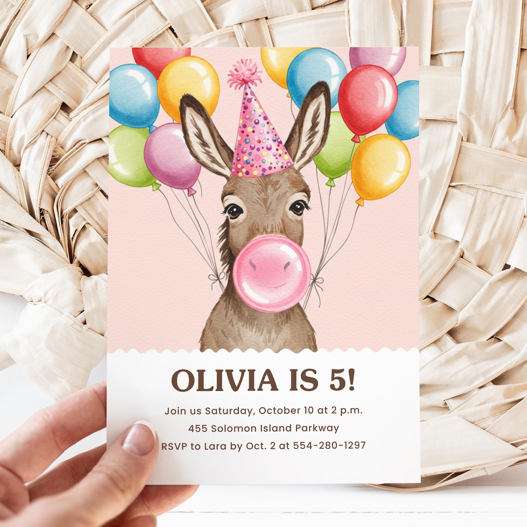 Donkey Birthday Canva Invite Template, Animal Party Invitation, Balloon ...