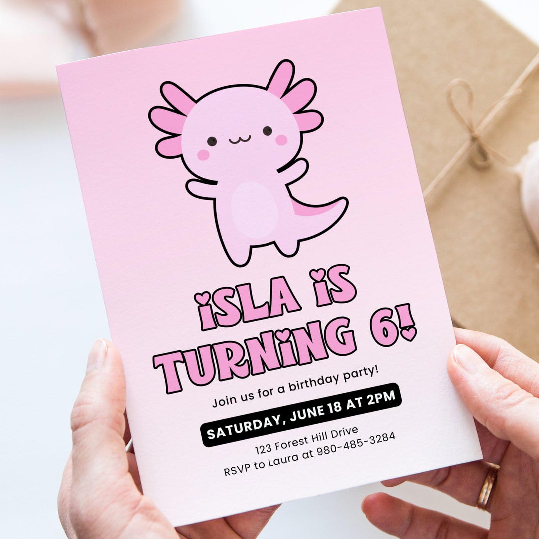 Axolotl Birthday Party Canva Invitation Template, Cute Pink Axolotl ...