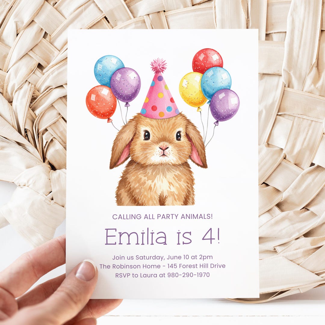 Bunny Birthday Canva Invite Template, Party Animal Invitation ...
