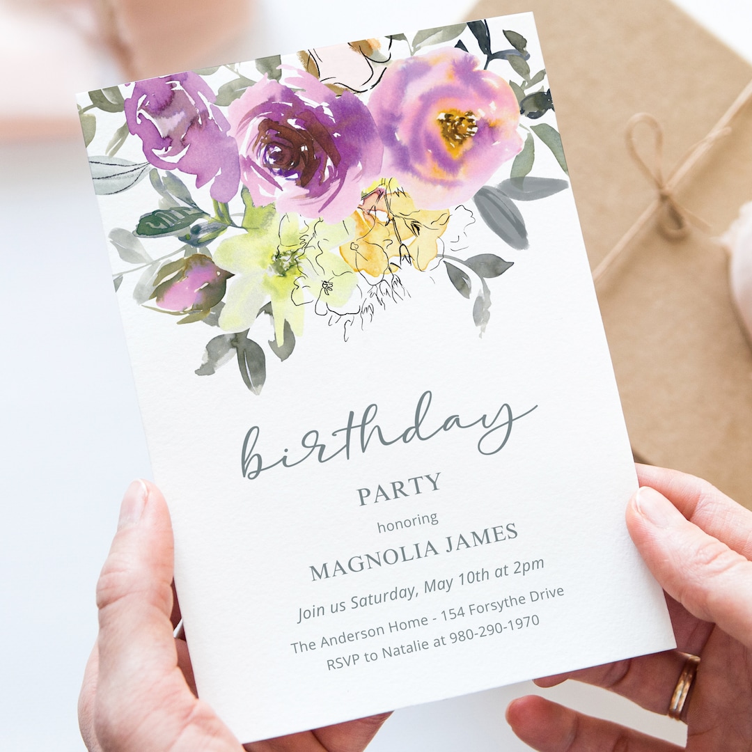 Purple Floral Birthday Invitation Template, Printable Birthday Invite ...