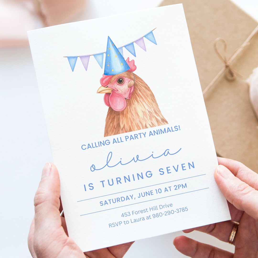 Chicken Birthday Canva Invite Template, Farm Animal Party, Kids ...