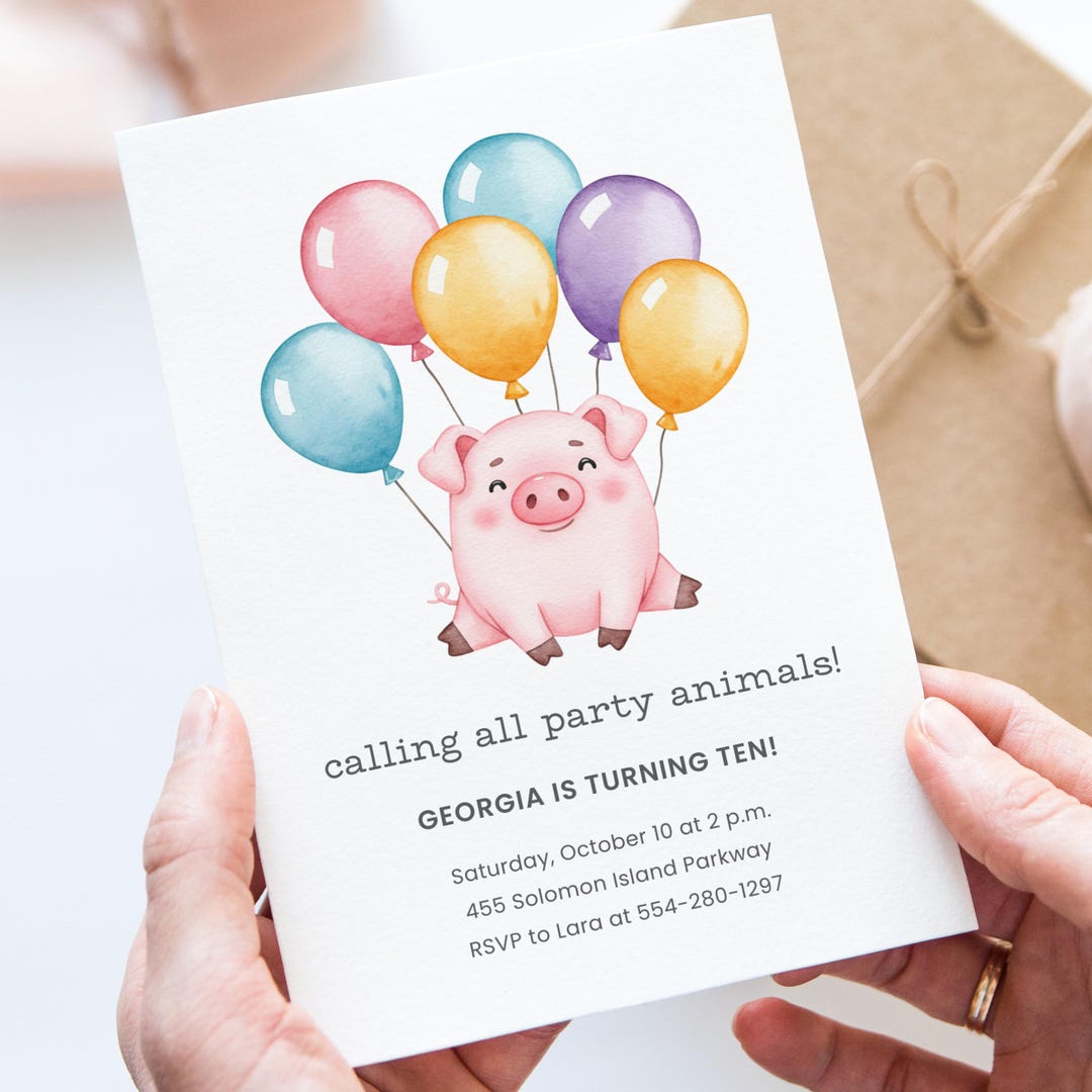 Pig Birthday Invite Canva Template, Farm Animal Invitation, Watercolor ...