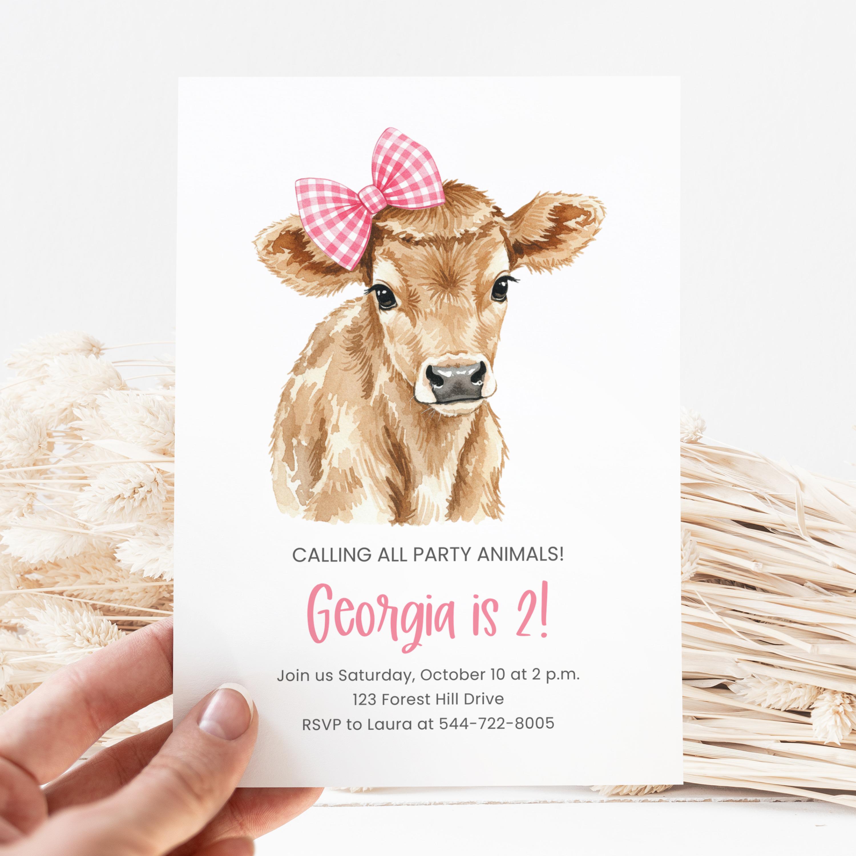 Cow Birthday Invitation Canva Template, Farm Animal Party Invite, Girl ...