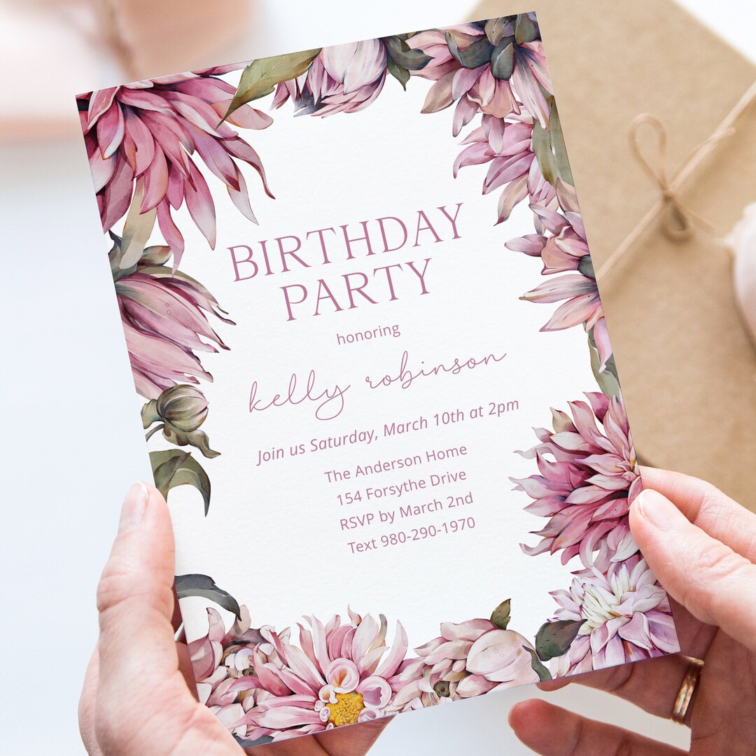 Mauve Peony Birthday Party Invitation Template Printable Editable ...