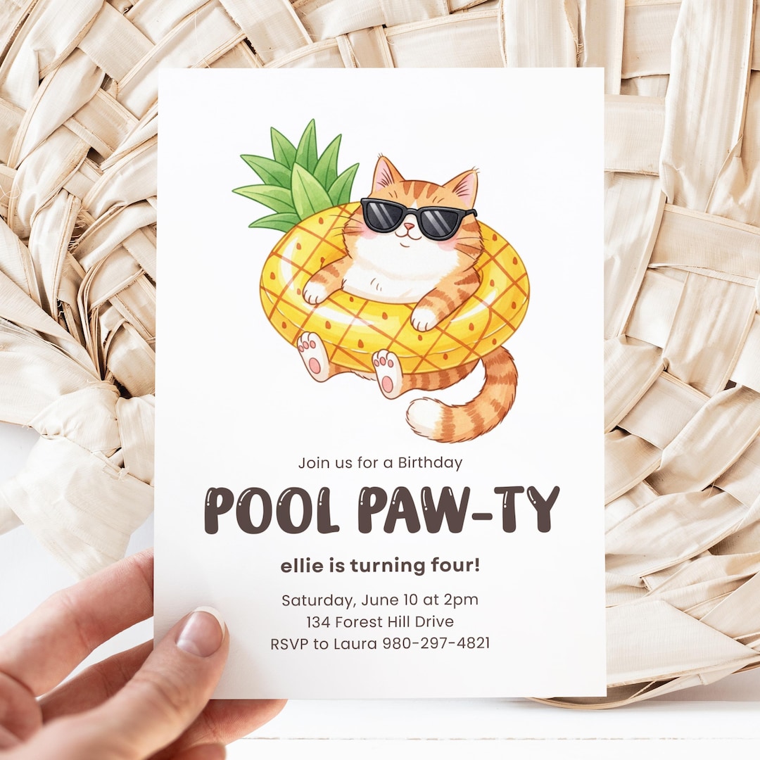 Cat Pool Party Invite, Canva Template, Birthday Party, Cool Cat, Summer ...
