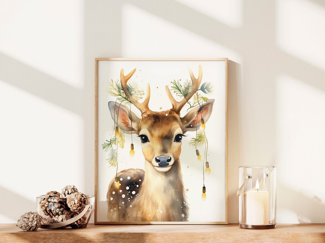 Watercolor Christmas Reindeer Printable Wall Art, Watercolor Deer With ...