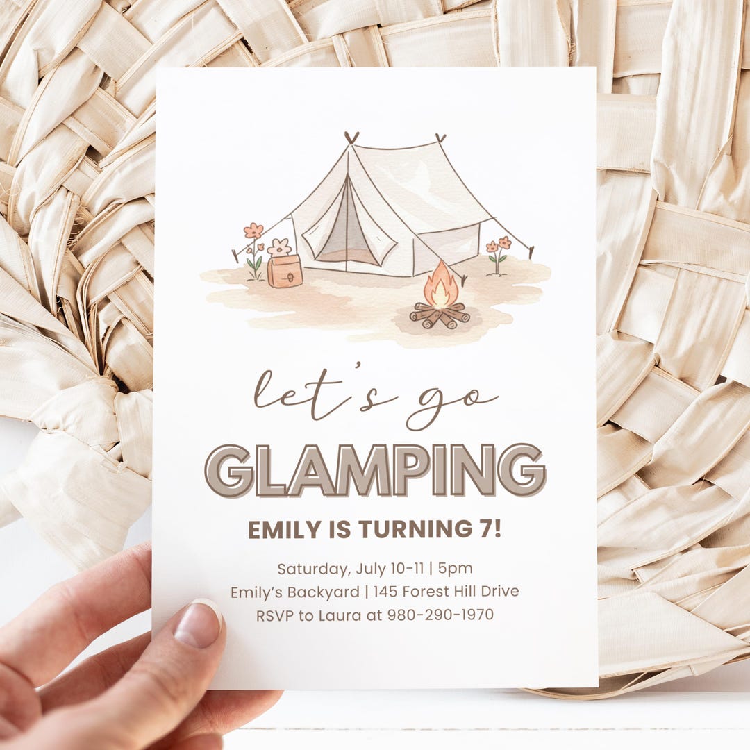 Glamping Birthday Invite Canva Template, Camping Party Invitation ...