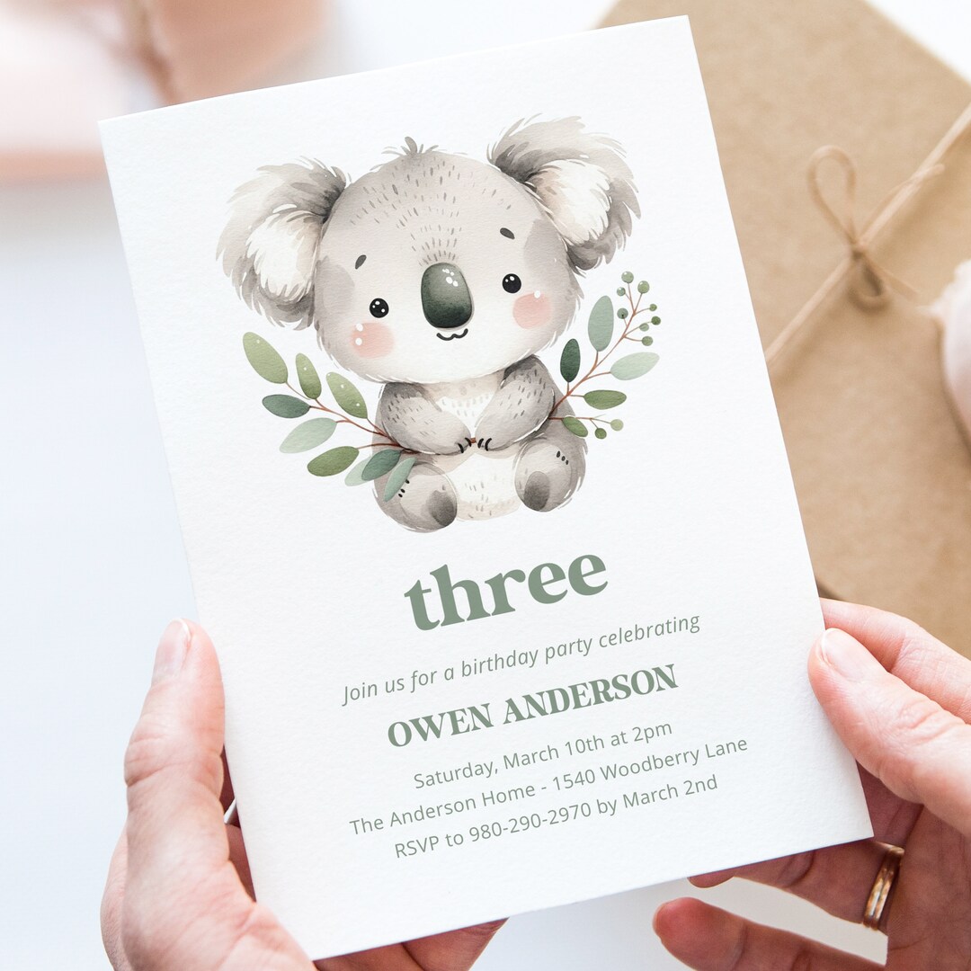 Koala Birthday Invitation Template Printable Editable Digital Download ...