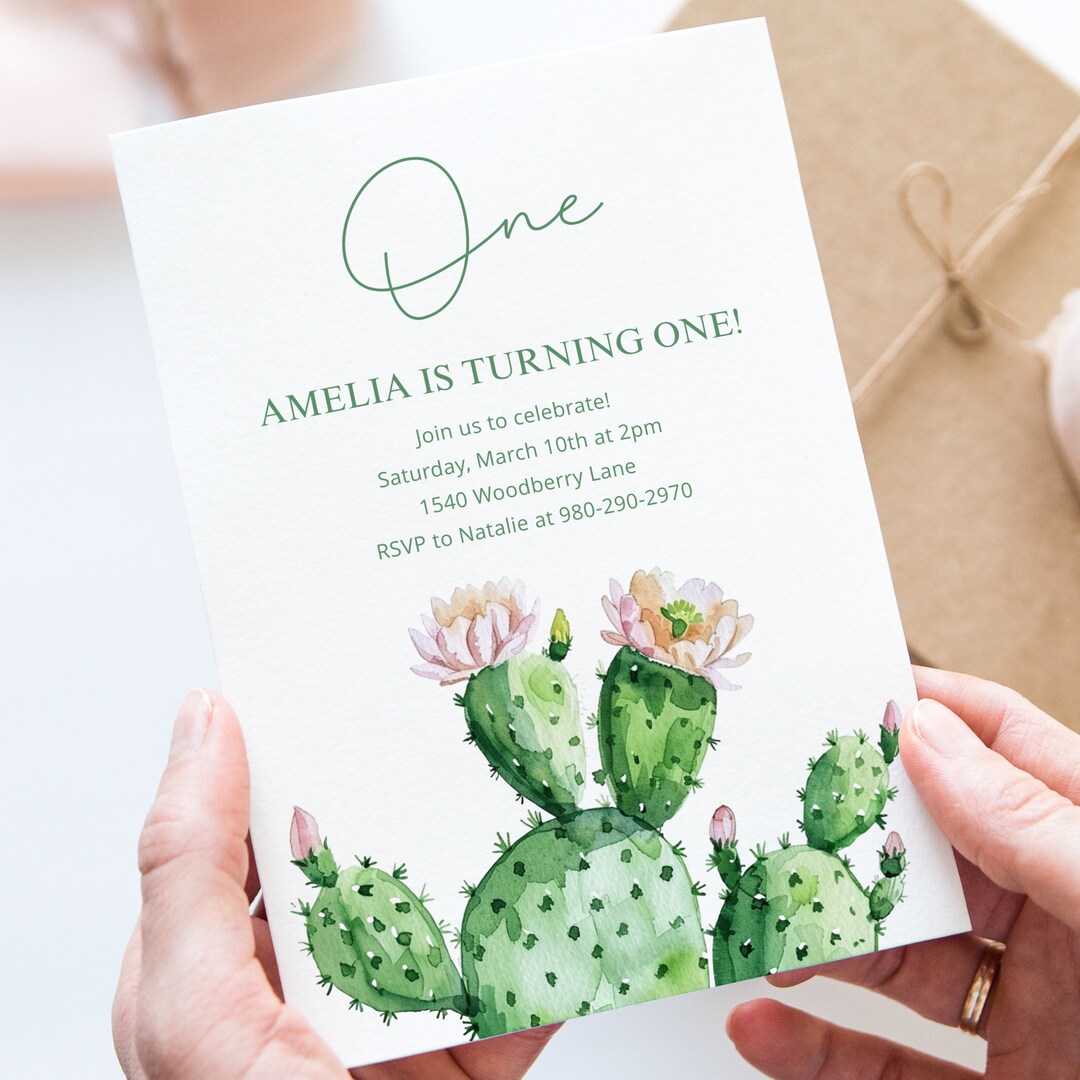 Cactus Birthday Invitation Template Pastel Cactus First Birthday Invite ...