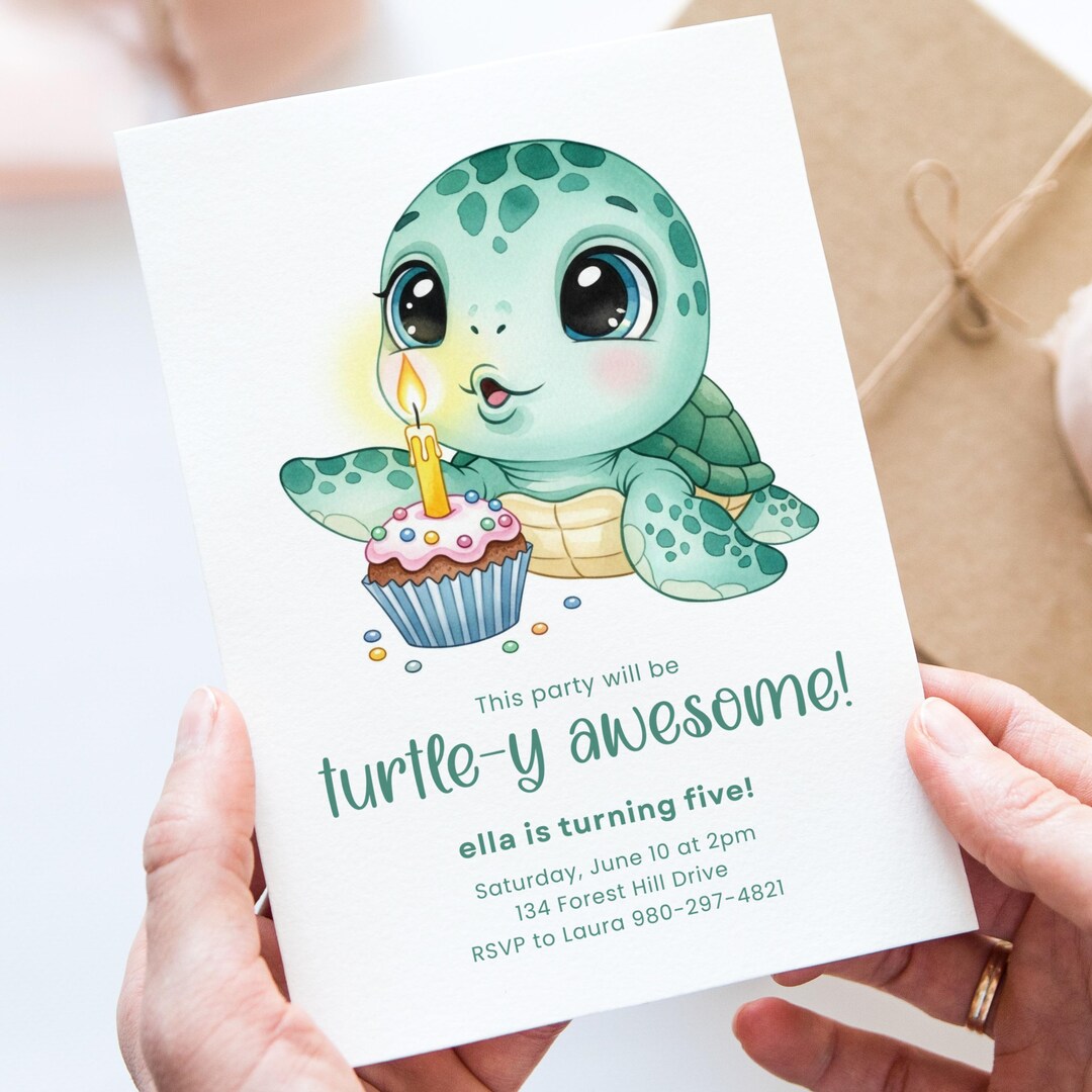 Turtle Birthday Canva Invite, Turtle-y Awesome Party, Cute Turtle With ...