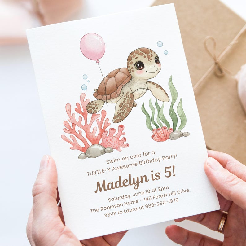 Turtle Birthday Canva Invite Template, Under the Sea Party, Watercolor ...