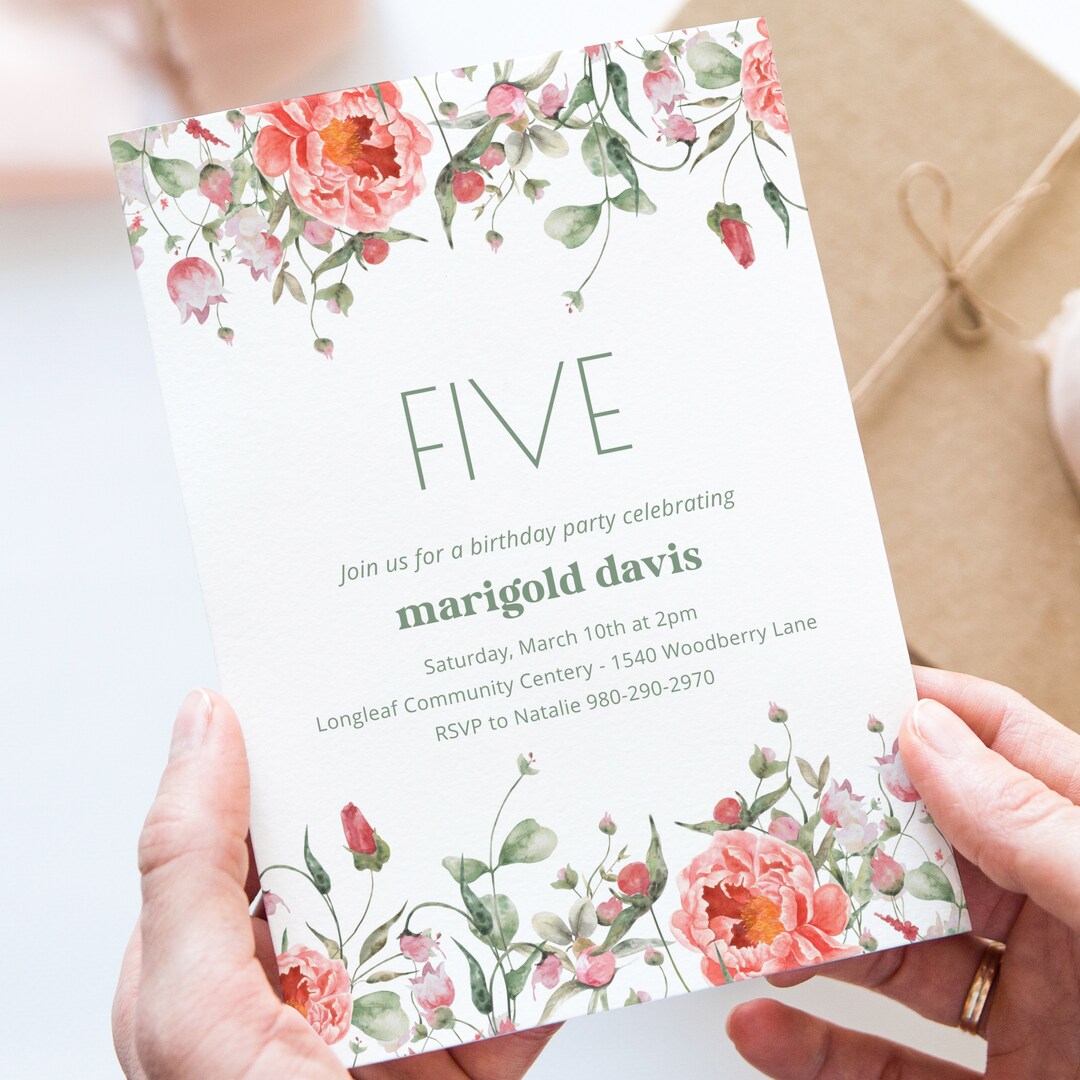 Peachy Pink Floral Birthday Invitation Template, Editable Digital ...