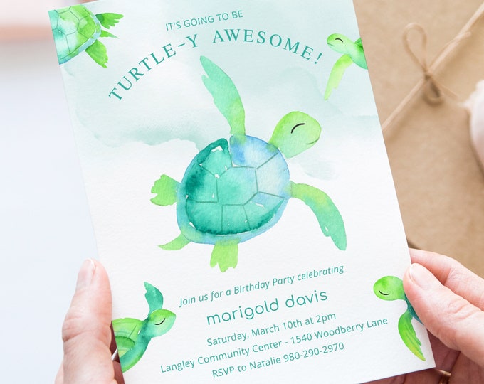Turtle Birthday Party Invitation Template Digital Download, Green and ...