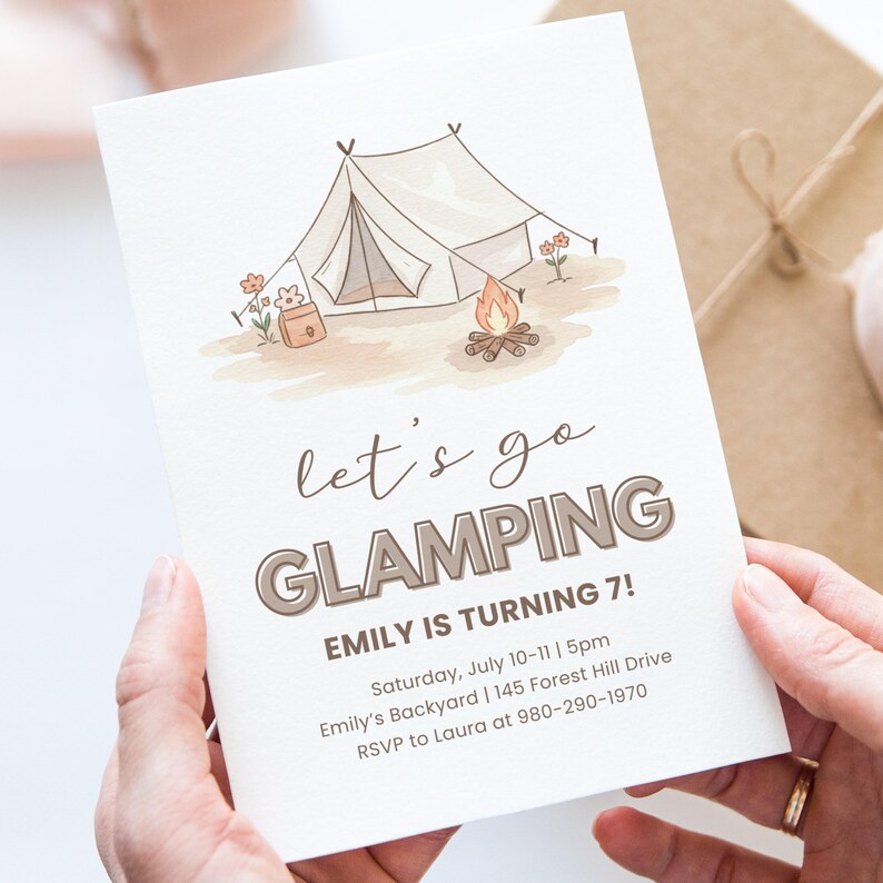 Glamping Birthday Invite Canva Template, Camping Party Invitation ...