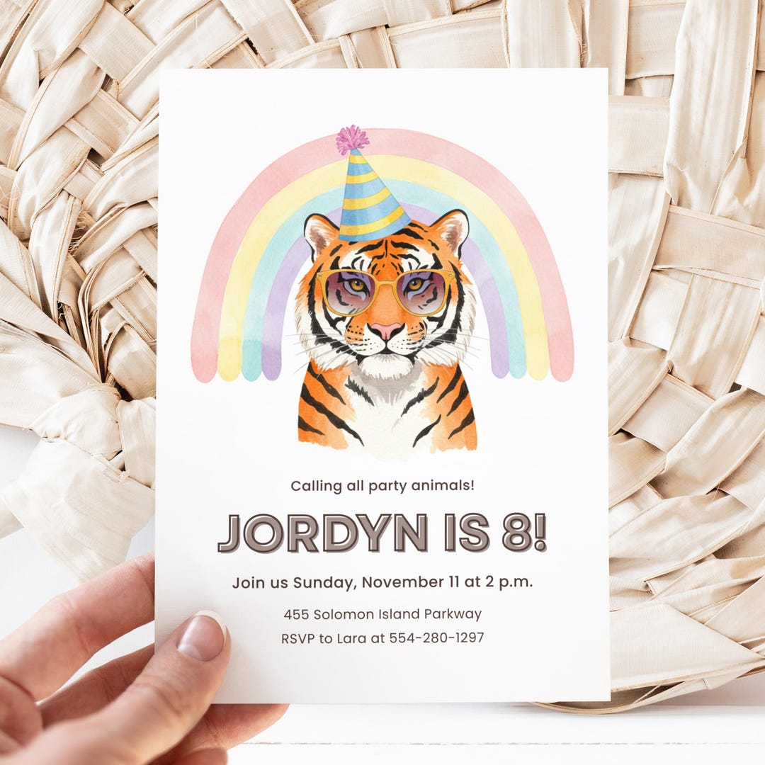 Tiger Birthday Invitation Canva Template, Rainbow Party Animals Invite ...