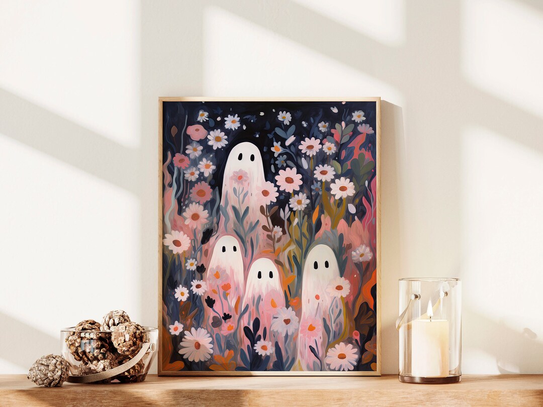 Retro Pink Daisy and Ghosts Painting, Cottagecore Wildflowers Pink ...