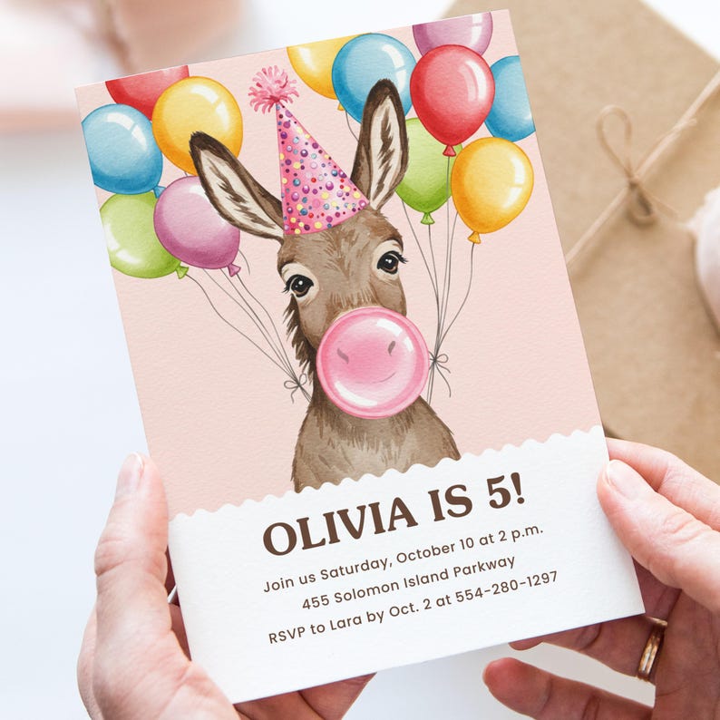 Donkey Birthday Canva Invite Template, Animal Party Invitation, Balloon ...