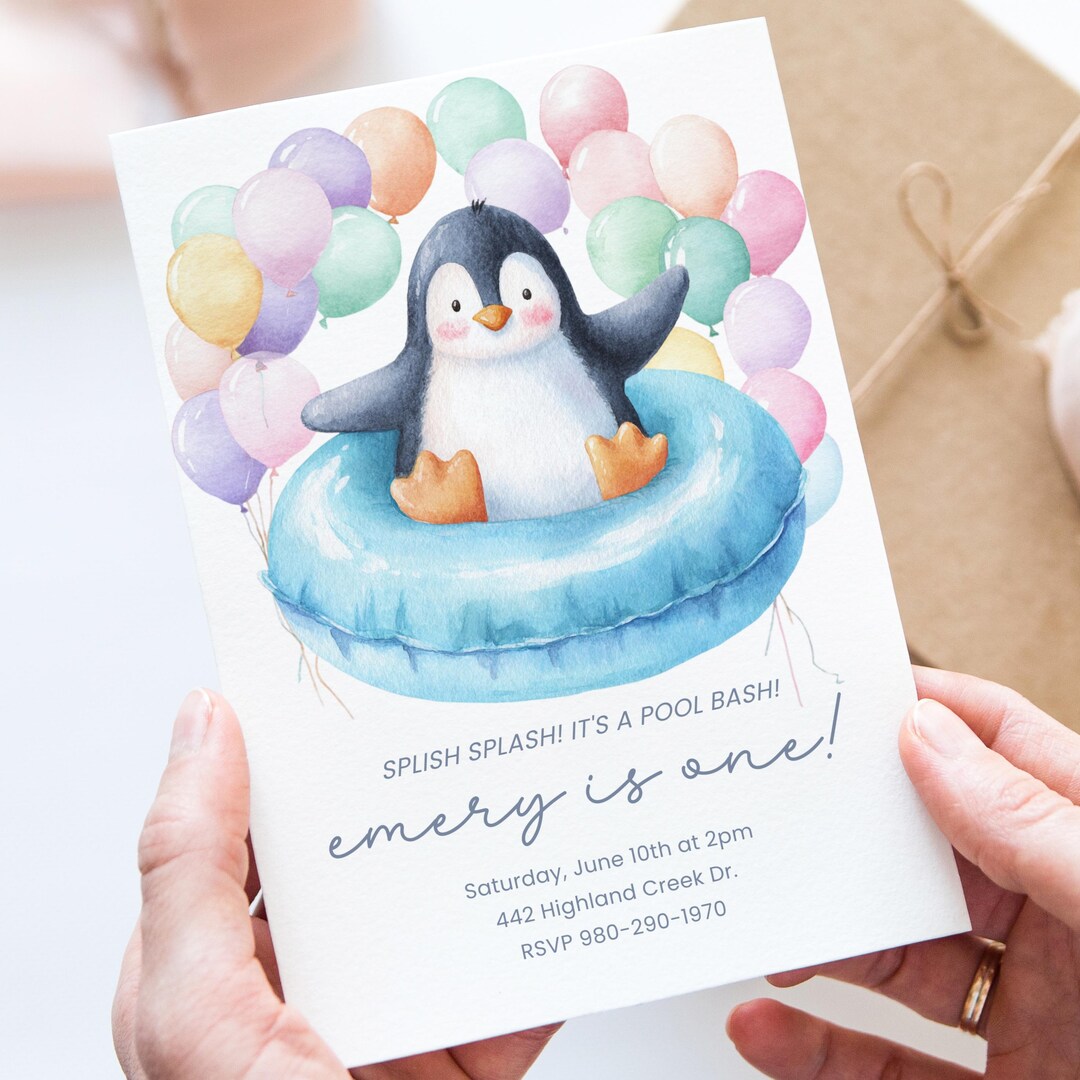 Penguin Pool Party Invite, 1st Birthday Pool Bash, Editable Penguin ...