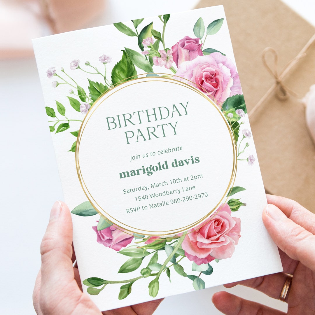 Pink Roses Birthday Invitation Template, Printable Birthday Invite ...