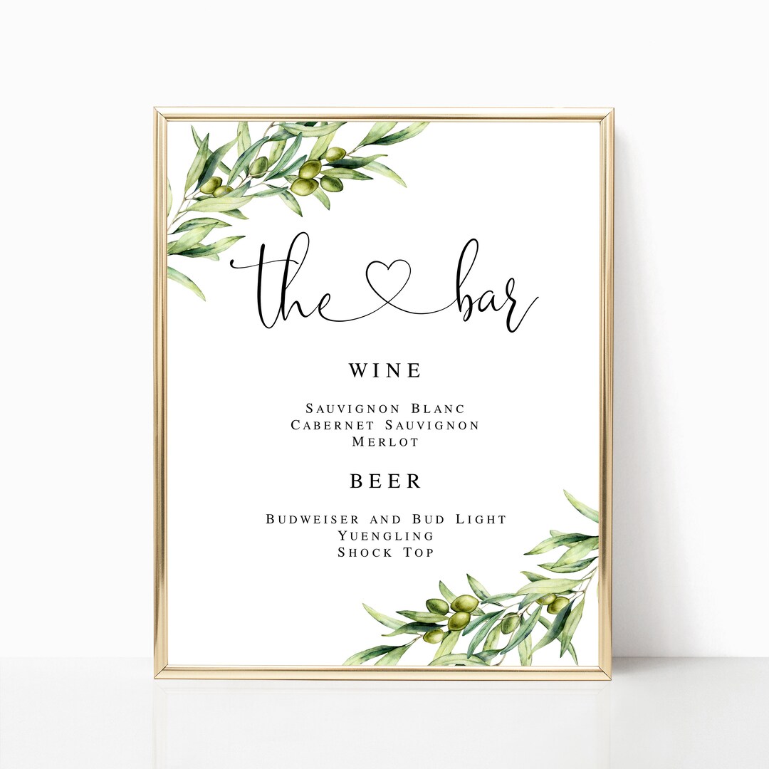 Editable Wedding Bar Menu 8x10 Small Bar List Template DIY Olive Theme ...