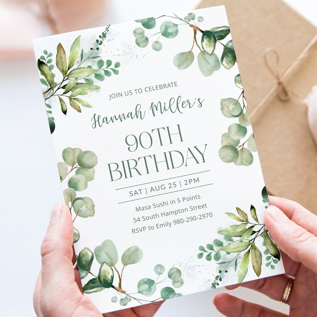 Greenery Birthday Party Invite 90th Birthday Party Invitation Editable ...