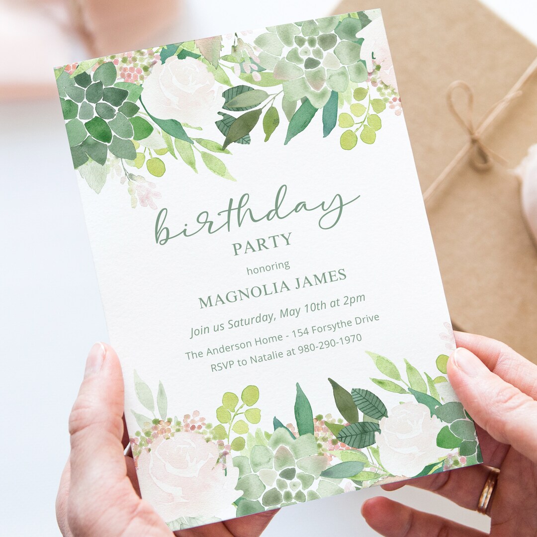 Succulent Birthday Invitation Template, Printable Birthday Invite ...