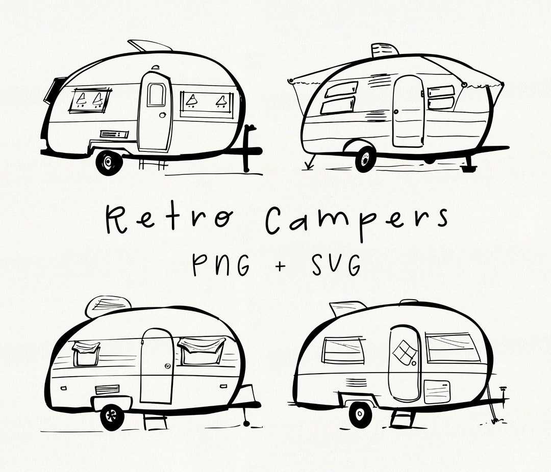 Whimsical Retro Camper Clipart Set | 4 Quirky Line Art Doodles | Vintage Travel Illustrations ...