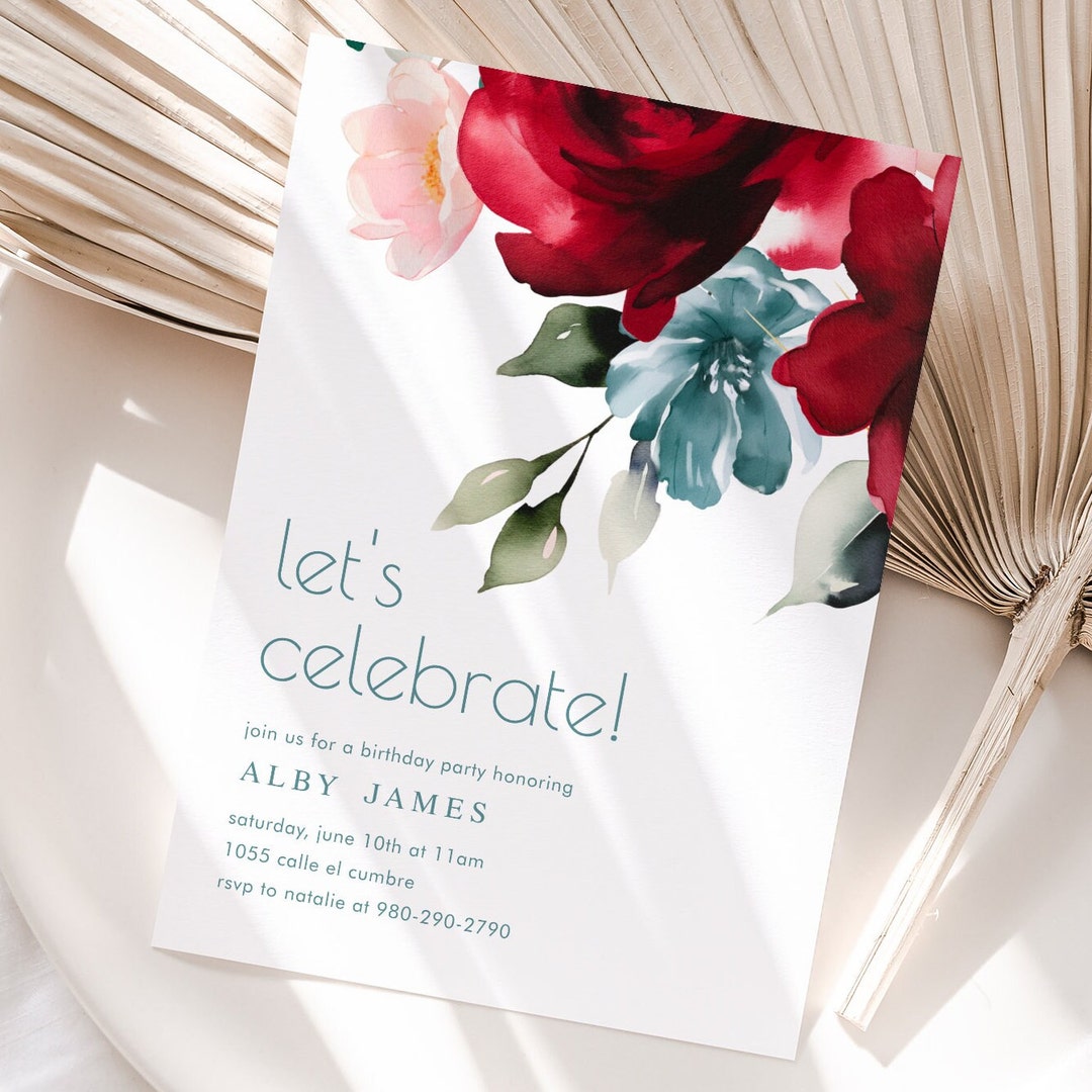 Let's Celebrate Birthday Party Invitation Red and Teal Floral ...