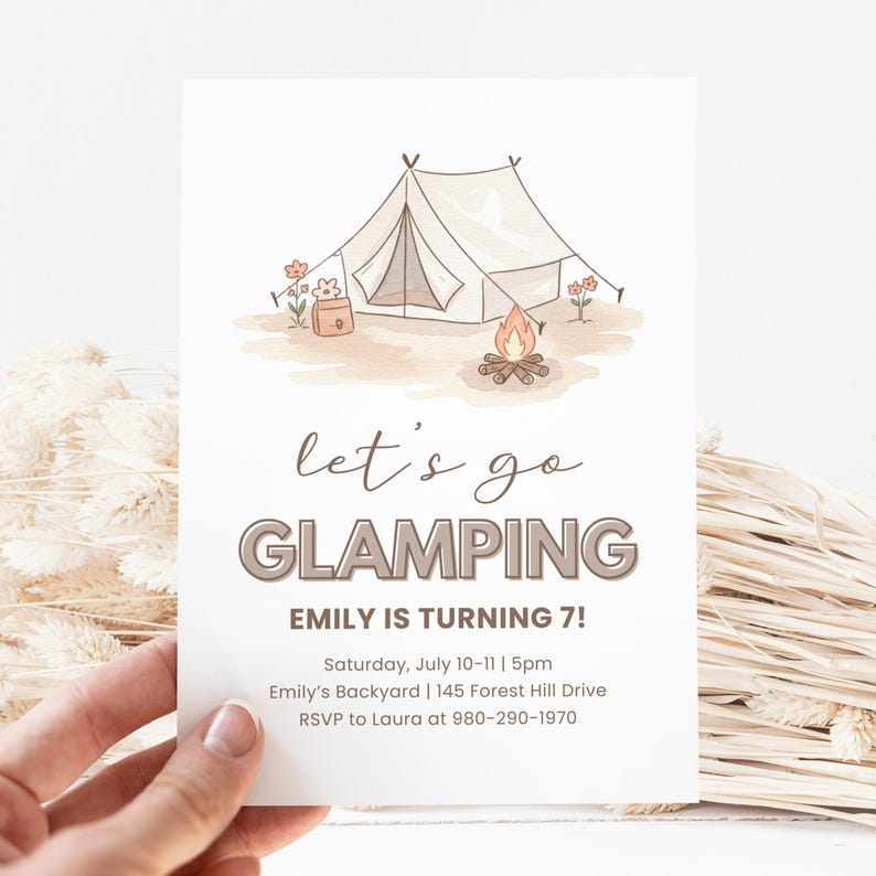 Glamping Birthday Invite Canva Template, Camping Party Invitation ...