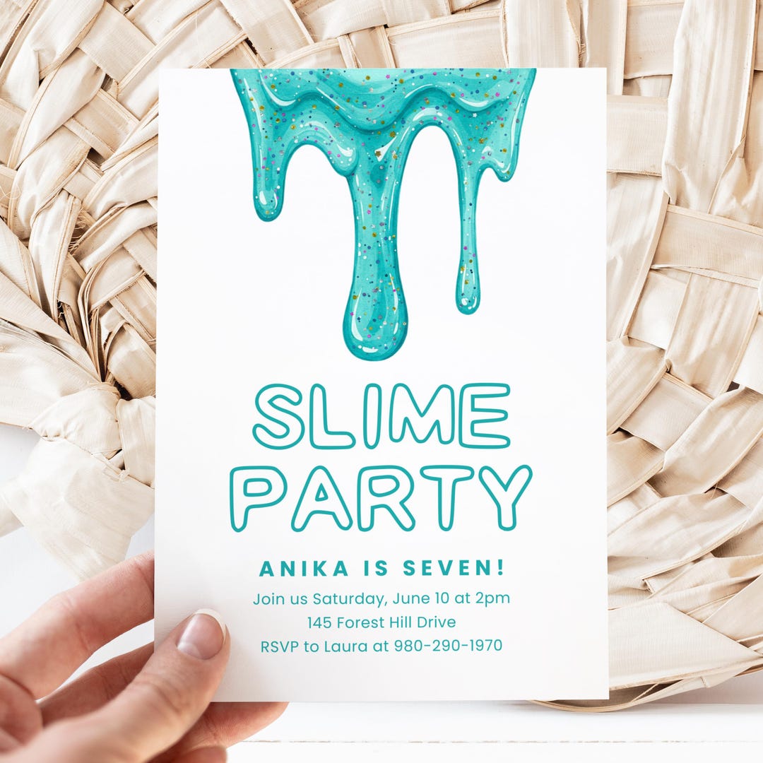 Slime Party Invitation Canva Template, Glitter Slime Invite, Girl ...