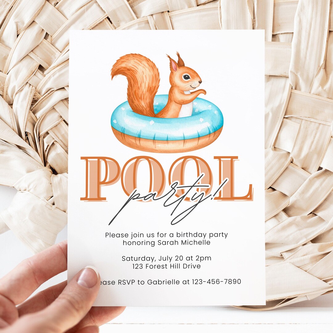 Squirrel Pool Party Canva Invite Template, Summer Birthday Party Invite ...