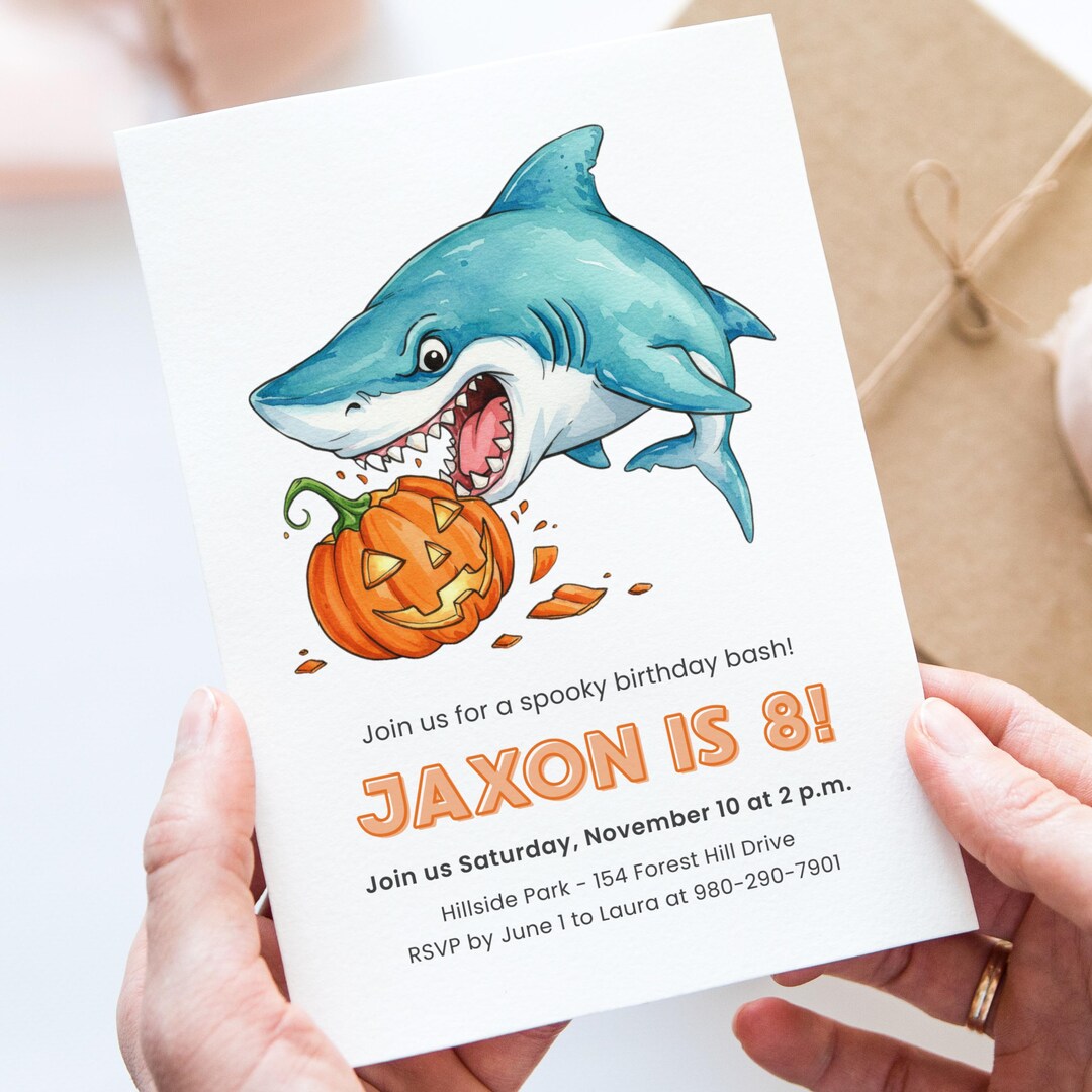 Spooky Shark Birthday Canva Invite Template, Halloween Bash, Scary Sea ...