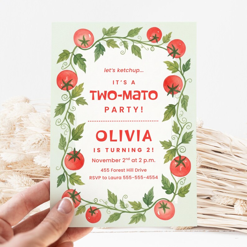 Two-mato Party Invite Canva Template, Tomato 2nd Birthday Invitation ...