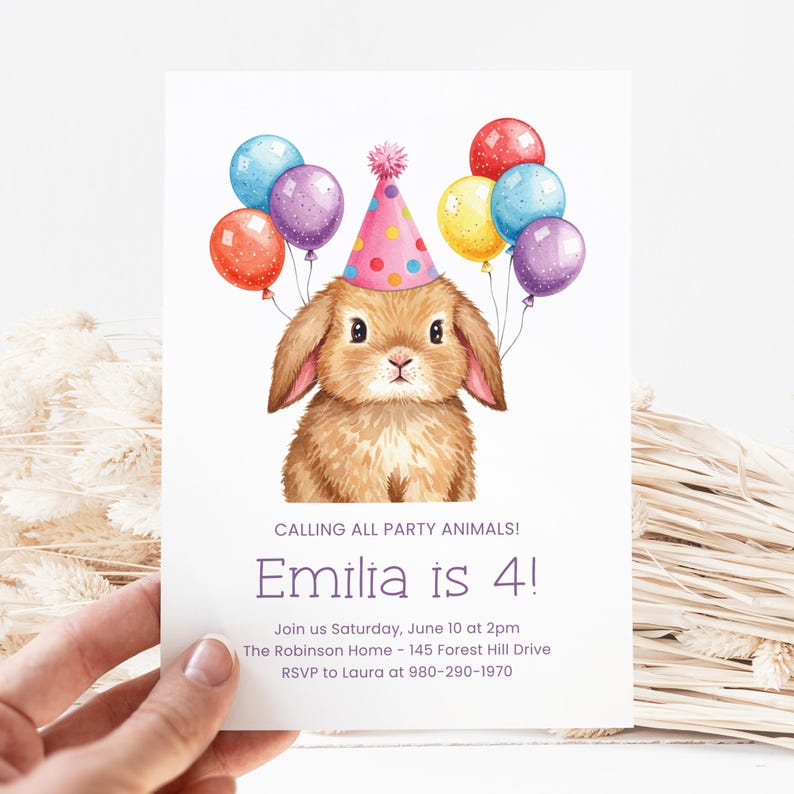Bunny Birthday Canva Invite Template, Party Animal Invitation ...