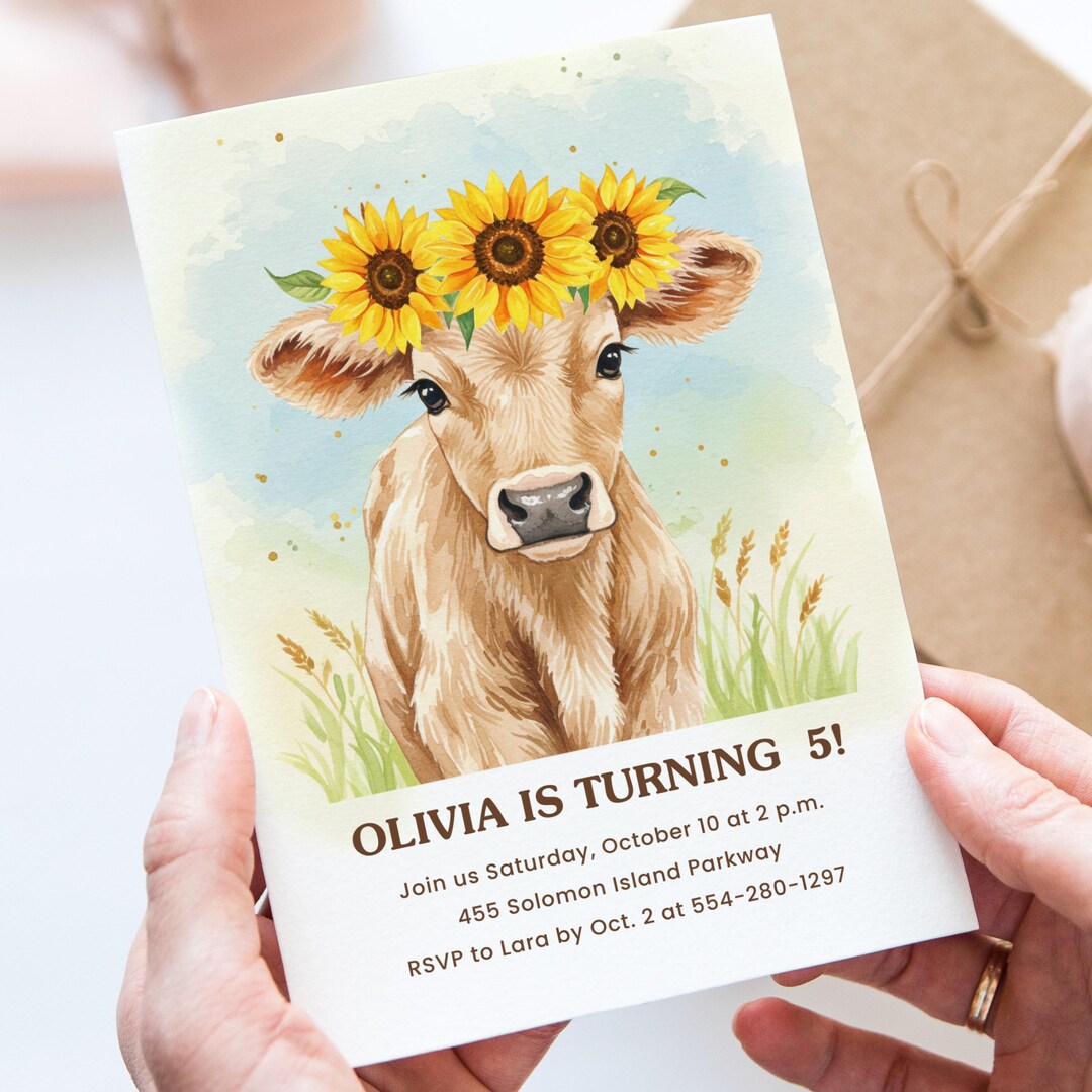 Cow Birthday Invite, Canva Template, Farm Animal Party, Sunflower ...