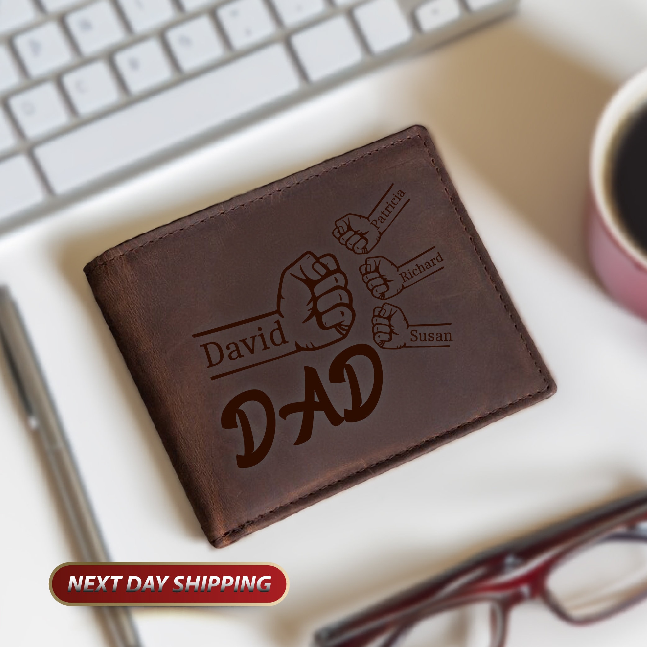 Personalized Leather Wallet, Fist Bump Dad Kids Leather Wallet, Custom ...