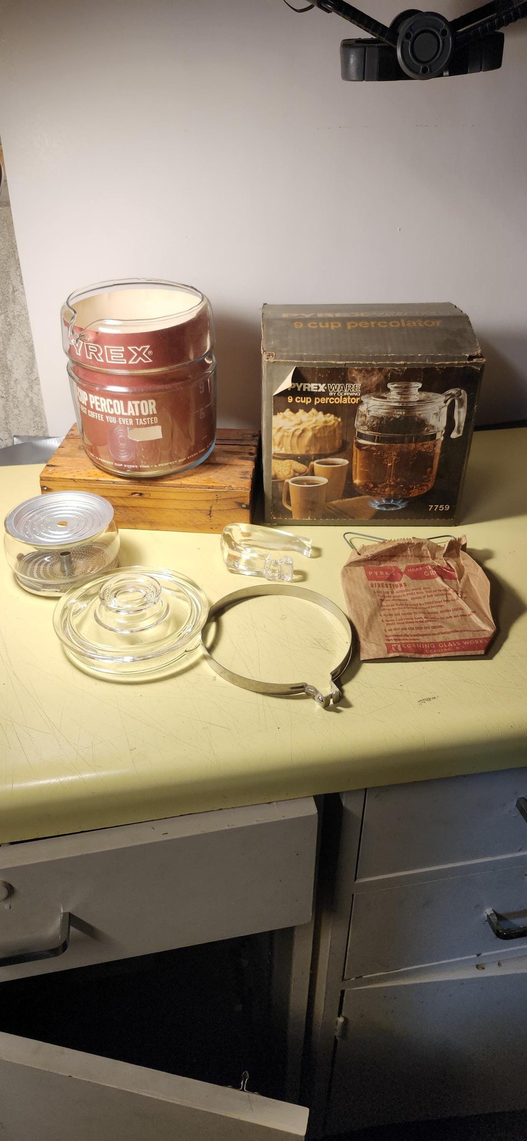 NOS Pyrex 9 Cup Percolator 7759 Complete Box Heat Spreader Original Box ...