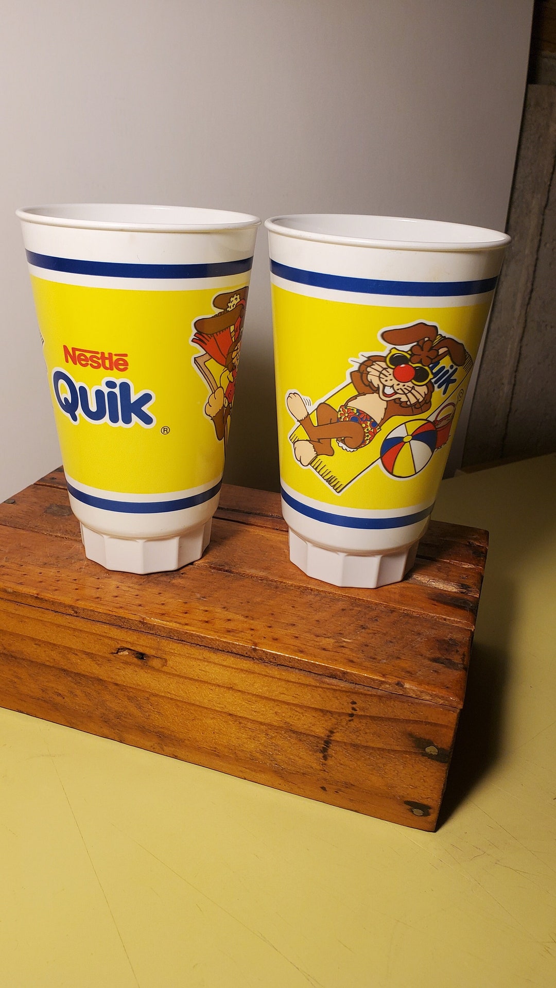 Vintage 80s Nestle Quik Plastic Cups Set of 2 Rabbit Bunny Yellow White ...